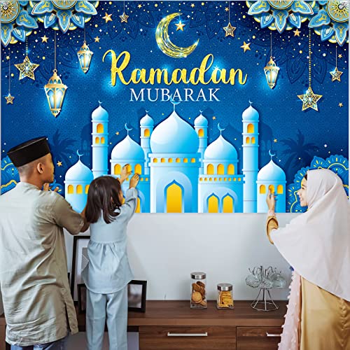 Ramadan Mubarak Decorations Backdrop Banner Muslim Ramadan Kareem Background Eid Mubarak Sign Photo Booth Backdrop Background for Home Muslim Ramadan Eid Al Fitr Party Supplies (Blue)