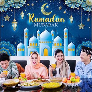 Ramadan Mubarak Decorations Backdrop Banner Muslim Ramadan Kareem Background Eid Mubarak Sign Photo Booth Backdrop Background for Home Muslim Ramadan Eid Al Fitr Party Supplies (Blue)