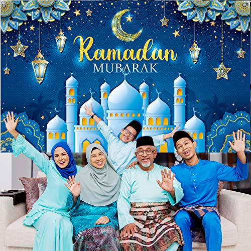 Ramadan Mubarak Decorations Backdrop Banner Muslim Ramadan Kareem Background Eid Mubarak Sign Photo Booth Backdrop Background for Home Muslim Ramadan Eid Al Fitr Party Supplies (Blue)