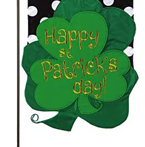 Evergreen Happy St Patrick's Day Garden Size Flag | Double Sided & 3D Applique Stitching Burlap |Green | 18-in x 12.5-in | Polka Dot Irish Clover | Outdoor Home Décor Lawn Yard Patio Deck Porch