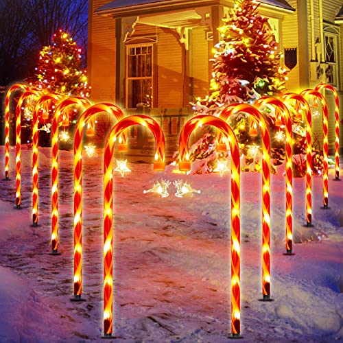 qimedo Christmas Candy Cane Pathway Markers Lights with Delicate Pendant 21 inches Outdoor Christmas Decorations Lights, Candy Cane Landscape Lights for Indoor Yard Patio Garden Walkway, 12 Packs