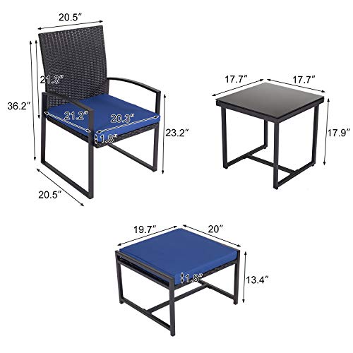 Kinfant Outdoor Patio Wicker Furniture Set - 5-Pcs All Weather Furniture Set with 2 Chairs, Coffe Table, 2 Ottomans and Cushions for Balcony Porch Backyard Garden (Dark Blue)