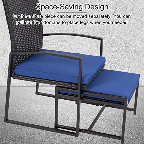 Kinfant Outdoor Patio Wicker Furniture Set - 5-Pcs All Weather Furniture Set with 2 Chairs, Coffe Table, 2 Ottomans and Cushions for Balcony Porch Backyard Garden (Dark Blue)