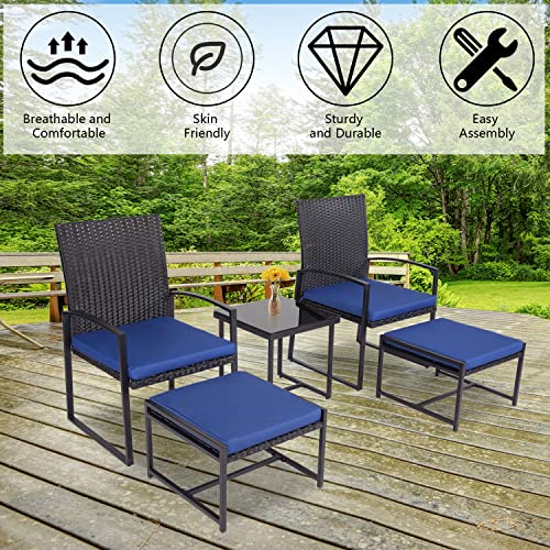 Kinfant Outdoor Patio Wicker Furniture Set - 5-Pcs All Weather Furniture Set with 2 Chairs, Coffe Table, 2 Ottomans and Cushions for Balcony Porch Backyard Garden (Dark Blue)