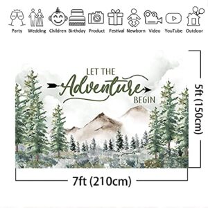 Mocsicka Adventure Awaits Baby Shower Backdrop Pine Tree Mountain Wilderness Adventure Woodland Animals Background Vinyl Let The Adventure Begin Party Photography Backdrop for Photoshoot (7x5ft)