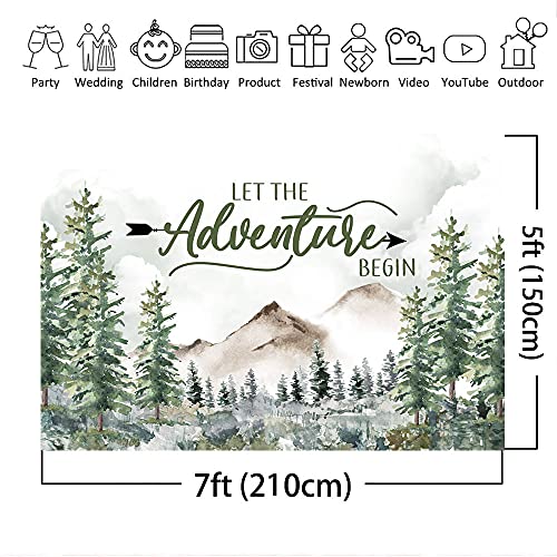 Mocsicka Adventure Awaits Baby Shower Backdrop Pine Tree Mountain Wilderness Adventure Woodland Animals Background Vinyl Let The Adventure Begin Party Photography Backdrop for Photoshoot (7x5ft)