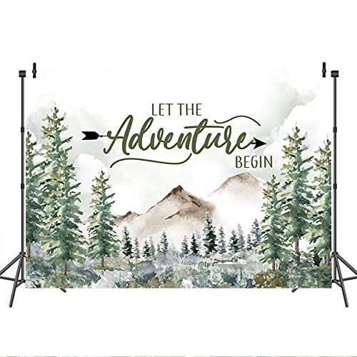 Mocsicka Adventure Awaits Baby Shower Backdrop Pine Tree Mountain Wilderness Adventure Woodland Animals Background Vinyl Let The Adventure Begin Party Photography Backdrop for Photoshoot (7x5ft)