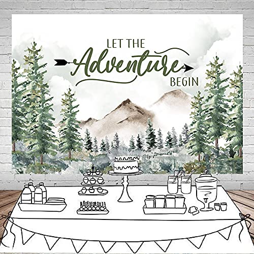 Mocsicka Adventure Awaits Baby Shower Backdrop Pine Tree Mountain Wilderness Adventure Woodland Animals Background Vinyl Let The Adventure Begin Party Photography Backdrop for Photoshoot (7x5ft)