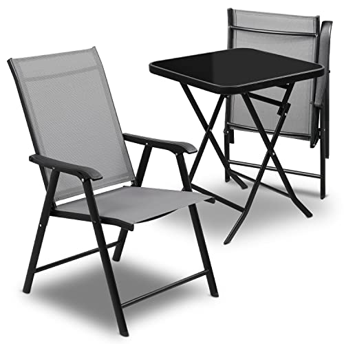 MoNiBloom 3 Piece Patio Bistro Dining Set, 2 Foldable Outdoor Chairs and Round Table w/Tempered Glass Tabletop for Balcony Lawn Garden Backyard