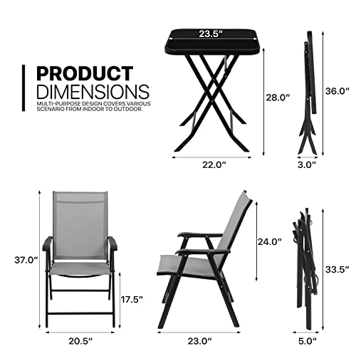 MoNiBloom 3 Piece Patio Bistro Dining Set, 2 Foldable Outdoor Chairs and Round Table w/Tempered Glass Tabletop for Balcony Lawn Garden Backyard