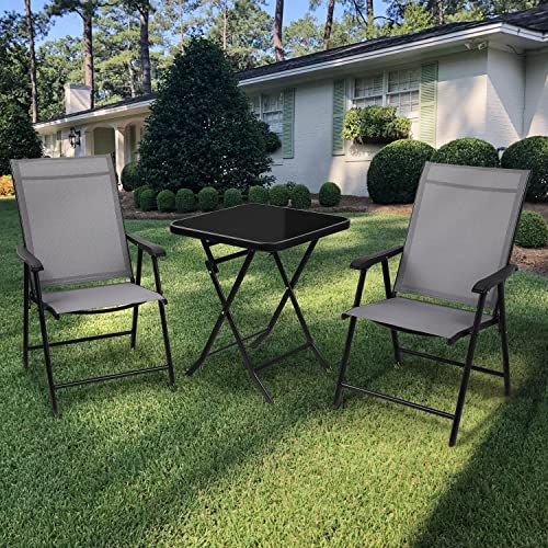 MoNiBloom 3 Piece Patio Bistro Dining Set, 2 Foldable Outdoor Chairs and Round Table w/Tempered Glass Tabletop for Balcony Lawn Garden Backyard