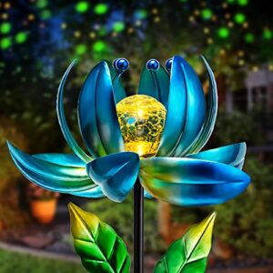 solar garden lights metal flower decor, colorful spinning windmill lotus pathway ligths with led cracked crystal ball outdoor decorative stake lighting waterproof flower sculpture for patio yard