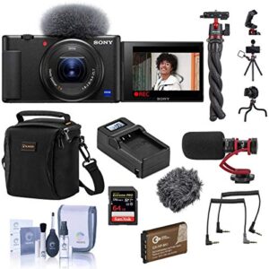 sony zv-1 compact 20.1mp 4k hd digital camera vlogging bundle with mic, flexible tripod, 64gb sd card, bag, extra battery and accessories