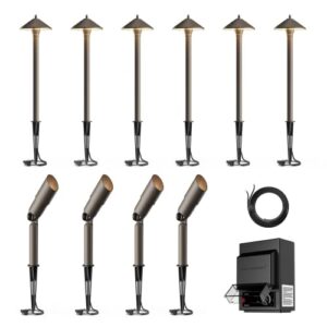 goodsmann 12v ac landscape lighting kit with 6pcs 10w bronze halogen pathway lights & 4pcs metal material 20w flooding lights & 75feet 16awg wire & 150w outdoor low voltage landscape transformer