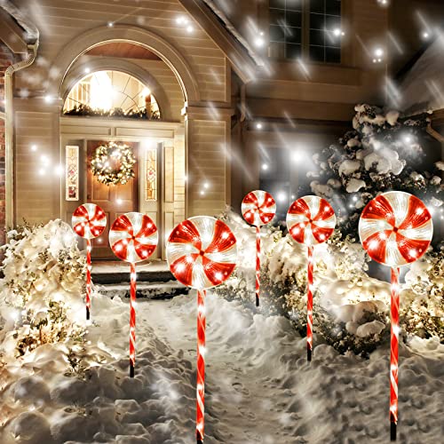 RAYNEL 6 Pack Christmas Pathway Lights Outdoor, 28" 120 LED Lollipop Peppermint Pathway Lights, Candy Cane Christmas Decorations with 8 Lighting Modes for Xmas Holiday Patio Yard Lawn Garden