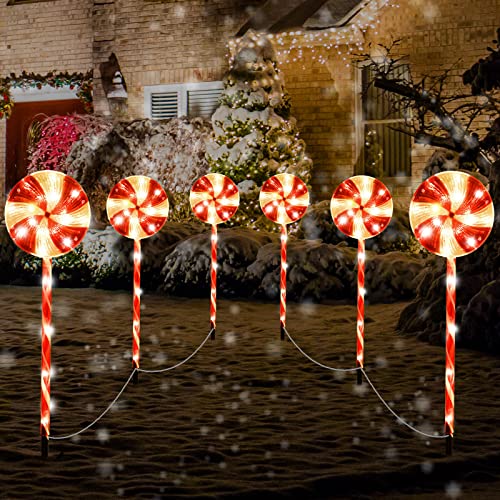 RAYNEL 6 Pack Christmas Pathway Lights Outdoor, 28" 120 LED Lollipop Peppermint Pathway Lights, Candy Cane Christmas Decorations with 8 Lighting Modes for Xmas Holiday Patio Yard Lawn Garden