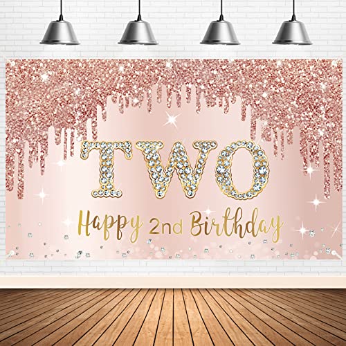 2nd Birthday Banner Backdrop Decorations for Girls, Rose Gold Happy 2 Year Old Birthday Sign Party Supplies, Pink Second Birthday Poster Background Photo Booth Props Decor