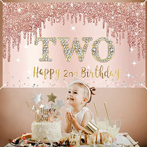 2nd Birthday Banner Backdrop Decorations for Girls, Rose Gold Happy 2 Year Old Birthday Sign Party Supplies, Pink Second Birthday Poster Background Photo Booth Props Decor