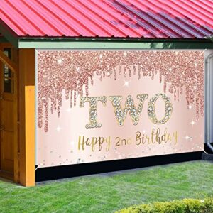 2nd Birthday Banner Backdrop Decorations for Girls, Rose Gold Happy 2 Year Old Birthday Sign Party Supplies, Pink Second Birthday Poster Background Photo Booth Props Decor