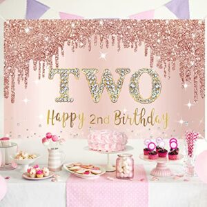 2nd Birthday Banner Backdrop Decorations for Girls, Rose Gold Happy 2 Year Old Birthday Sign Party Supplies, Pink Second Birthday Poster Background Photo Booth Props Decor