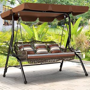 aecojoy 3-seat outdoor patio swing chair, large converting canopy porch swing glider, hammock lounge chair for porch, rattan wicker steel frame cushion & pillow, brown