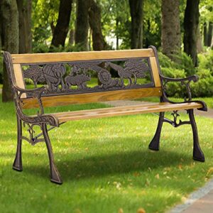 dkeli patio bench garden bench outdoor bench kids metal porch chair cast iron hardwood furniture animals, 480lbs weight capacity, for park yard patio deck lawn