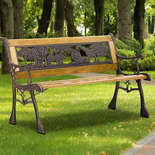 Dkeli Patio Bench Garden Bench Outdoor Bench Kids Metal Porch Chair Cast Iron Hardwood Furniture Animals, 480LBS Weight Capacity, for Park Yard Patio Deck Lawn