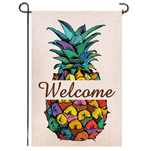 Shmbada Pineapple Welcome Double Sided Burlap Garden Flag, Premium Material, Seasonal Spring Summer Outdoor Funny Decorative Flags for Garden Yard Lawn, Gift for Children, 12 x 18 inch