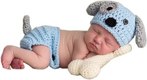 newborn baby boy girl photo props outfits crochet knitted dog hat shorts with bone set for boys girls photography shoot (blue & white ，1-12 months)