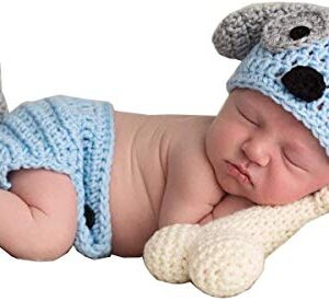 Newborn Baby Boy Girl Photo Props Outfits Crochet Knitted Dog Hat Shorts with Bone Set for Boys Girls Photography Shoot (Blue & White ，1-12 Months)