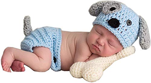 Newborn Baby Boy Girl Photo Props Outfits Crochet Knitted Dog Hat Shorts with Bone Set for Boys Girls Photography Shoot (Blue & White ，1-12 Months)