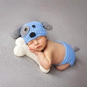 Newborn Baby Boy Girl Photo Props Outfits Crochet Knitted Dog Hat Shorts with Bone Set for Boys Girls Photography Shoot (Blue & White ，1-12 Months)