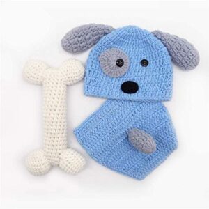 Newborn Baby Boy Girl Photo Props Outfits Crochet Knitted Dog Hat Shorts with Bone Set for Boys Girls Photography Shoot (Blue & White ，1-12 Months)