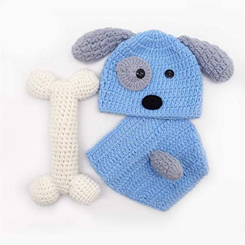 Newborn Baby Boy Girl Photo Props Outfits Crochet Knitted Dog Hat Shorts with Bone Set for Boys Girls Photography Shoot (Blue & White ，1-12 Months)