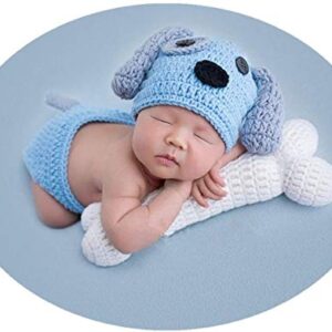 Newborn Baby Boy Girl Photo Props Outfits Crochet Knitted Dog Hat Shorts with Bone Set for Boys Girls Photography Shoot (Blue & White ，1-12 Months)