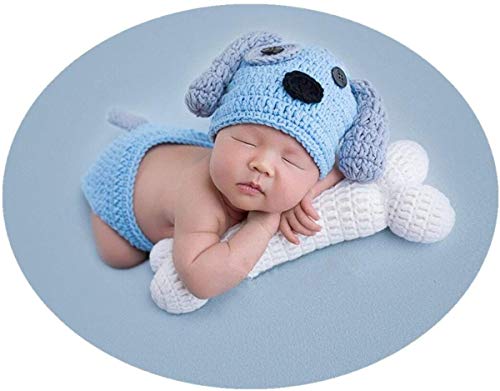 Newborn Baby Boy Girl Photo Props Outfits Crochet Knitted Dog Hat Shorts with Bone Set for Boys Girls Photography Shoot (Blue & White ，1-12 Months)