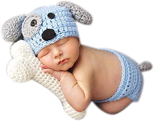 Newborn Baby Boy Girl Photo Props Outfits Crochet Knitted Dog Hat Shorts with Bone Set for Boys Girls Photography Shoot (Blue & White ，1-12 Months)