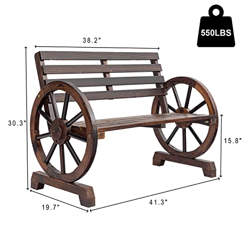 LOVIN&HUGIN Wagon Wheel Bench, Wooden Rustic Outdoor Patio Furniture, 2-Person Seat Bench with Backrest for Porch, Garden