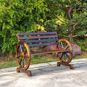 LOVIN&HUGIN Wagon Wheel Bench, Wooden Rustic Outdoor Patio Furniture, 2-Person Seat Bench with Backrest for Porch, Garden