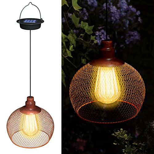 SHYMERY Hanging Solar Lights,Metal Solar Lantern LED Garden Outdoor Chandelier Rustic Edison Bulb Lamps Waterproof for Outdoor Hanging,Porch,Patio,Lanai,Pathway Decor(Bronze,1 Pack)