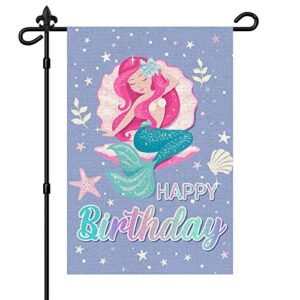 mermaid happy birthday garden flag for girls birthday, multicolour vertical premium burlap rustic girls’ mermaid/under the sea themed birthday celebration yard flag for farmhouse outside outdoor sign double sided, 12″ x 18″