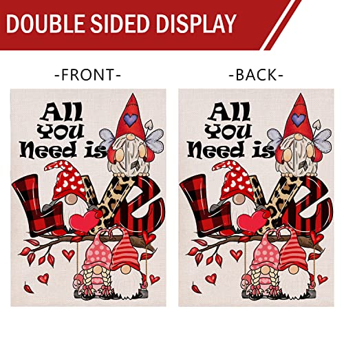 Furiaz All You Need is Love Gnomes Couple Valentine's Day Garden Flag, Buffalo Plaid Check Leopard Hearts Yard Anniversary Outdoor Decoration, Wedding Engagement Outside Small Decor Double Sided 12x18