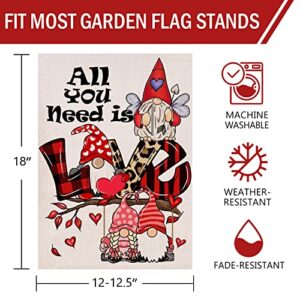 Furiaz All You Need is Love Gnomes Couple Valentine's Day Garden Flag, Buffalo Plaid Check Leopard Hearts Yard Anniversary Outdoor Decoration, Wedding Engagement Outside Small Decor Double Sided 12x18