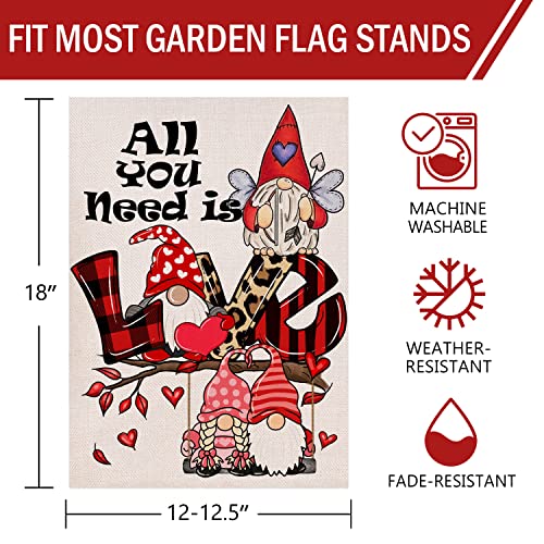 Furiaz All You Need is Love Gnomes Couple Valentine's Day Garden Flag, Buffalo Plaid Check Leopard Hearts Yard Anniversary Outdoor Decoration, Wedding Engagement Outside Small Decor Double Sided 12x18