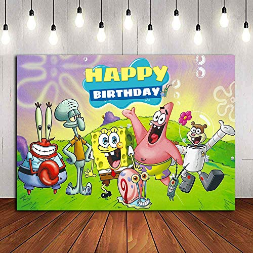 Cartoon Animal Photography Backdrop Children Baby Kids Happy 1st Birthday Supplies Patrick Star Spongebob Party Decorations Photo Background Banner Vinyl 7x5ft Photo Booth Studio Props Cake Table