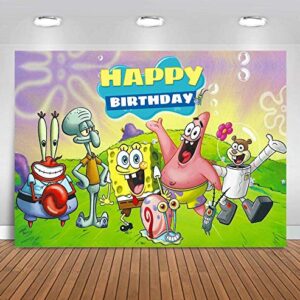 Cartoon Animal Photography Backdrop Children Baby Kids Happy 1st Birthday Supplies Patrick Star Spongebob Party Decorations Photo Background Banner Vinyl 7x5ft Photo Booth Studio Props Cake Table