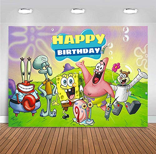 Cartoon Animal Photography Backdrop Children Baby Kids Happy 1st Birthday Supplies Patrick Star Spongebob Party Decorations Photo Background Banner Vinyl 7x5ft Photo Booth Studio Props Cake Table