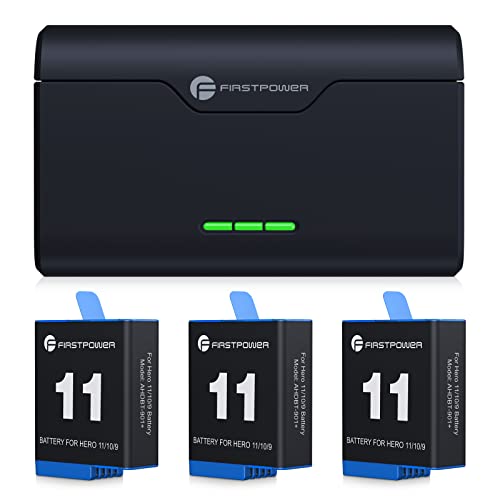 FirstPower Hero 11/10/9 Battery 3-Pack 2250mAh and Triple Slot USB Fast Charger for GoPro Hero 11 Black, GoPro Hero 10 Black, GoPro Hero 9 Black, Fully Compatible with GoPro9 GoPro10 GoPro11 Original