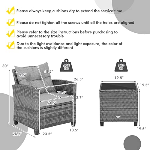 Tangkula 3 Pieces Patio Furniture Set, Outdoor PE Rattan Conversation Chair Set with Tempered Glass Side Table and Removable Cushions, PE Wicker Chairs and Table Set for Porch, Balcony and Garden