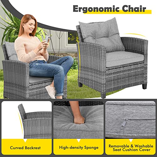 Tangkula 3 Pieces Patio Furniture Set, Outdoor PE Rattan Conversation Chair Set with Tempered Glass Side Table and Removable Cushions, PE Wicker Chairs and Table Set for Porch, Balcony and Garden